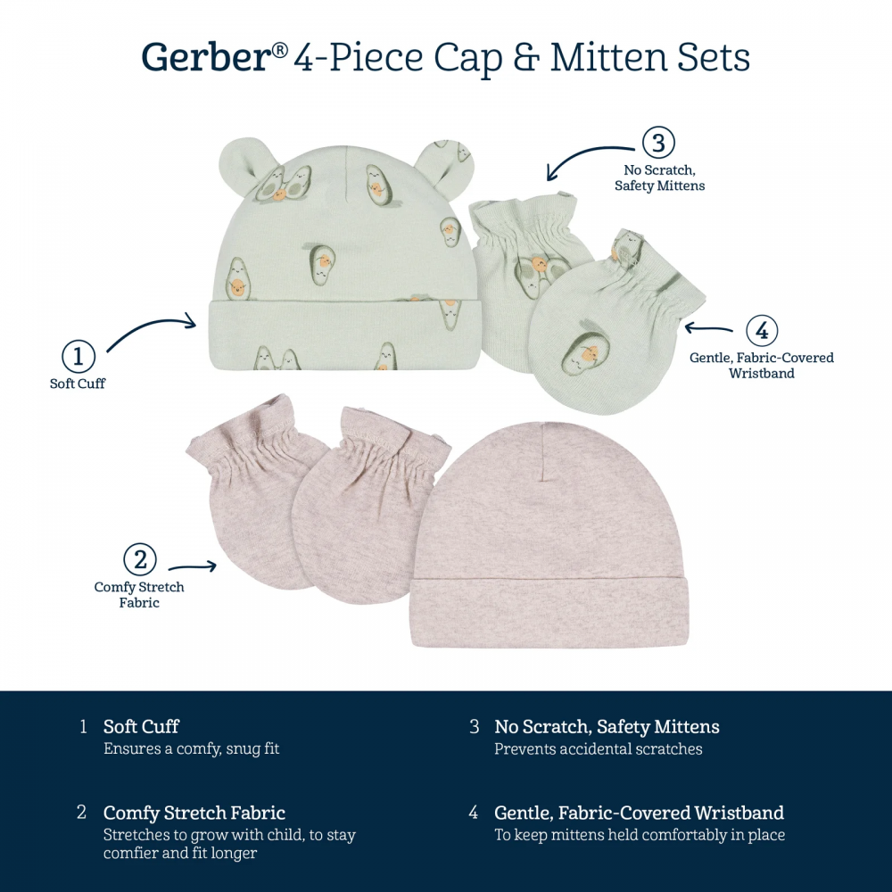 Gerber 4-Piece Baby Neutral Avo-Cuddle Cap & Mitten Set | Gerber ...